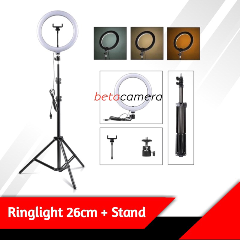 Jual Lampu Ring Light 26cm + Stand 1,8m Ringlight 3 warna Color ...