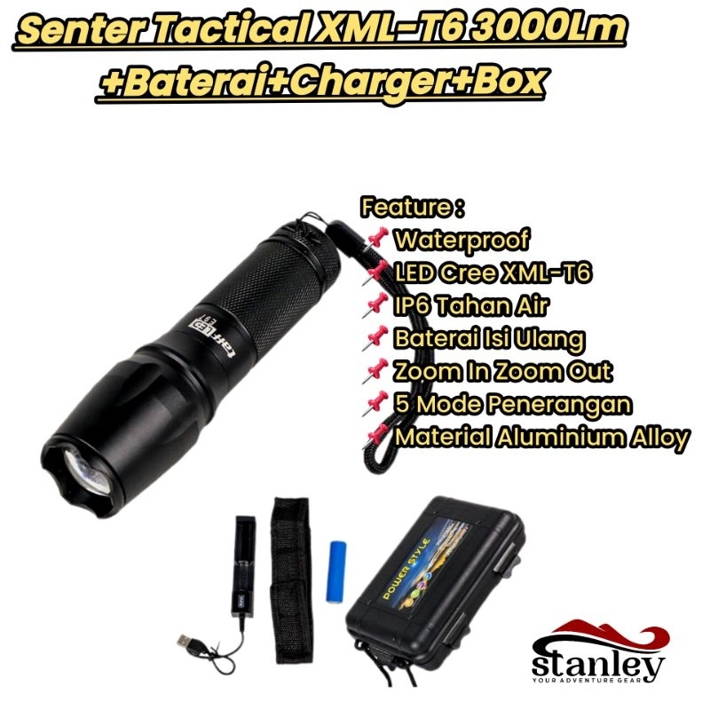 Jual Senter Tactical XML-T6 3000 Lm+Baterai+Charger+Box E97 Black | Shopee Indonesia
