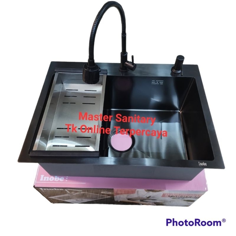 Jual Paket Komplit Kitchen Sink INOBE 6045 HITAM BLACK + KRAN FLEKSIBEL ...