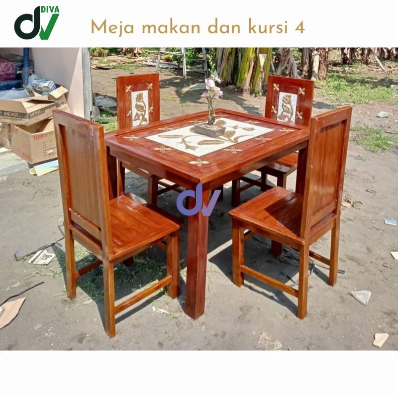 Jual Meja makan set 4 kursi kayu jati natural Combinasi marmer | Shopee Indonesia