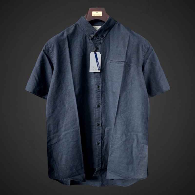 Jual Peternation kemeja linen plus basic pendek warna charcoal blue regular fit | Shopee Indonesia