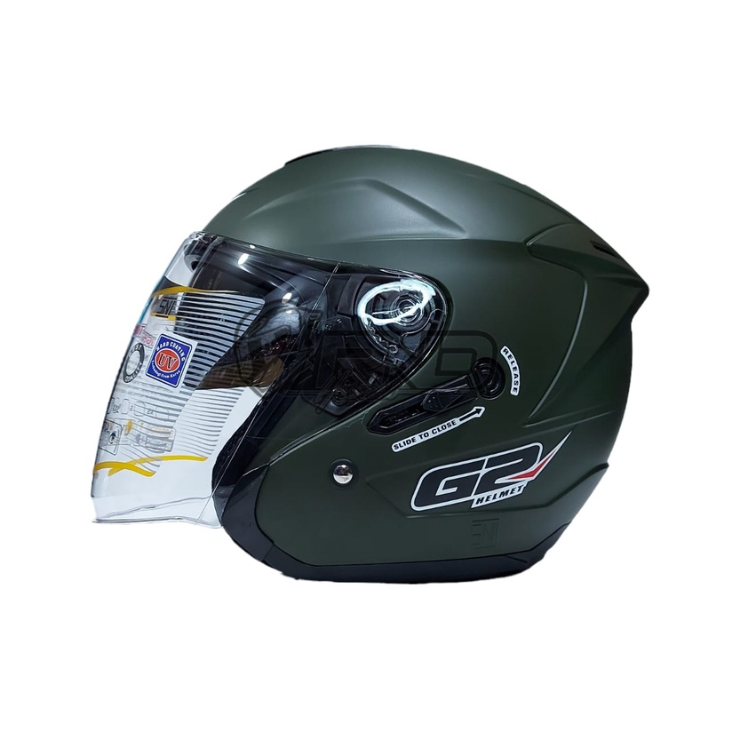 Jual Helm G2 Optimax Solid Hijau Army Doff Half Face Double Visor Model ...