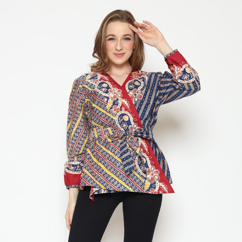 Jual Batik Wanita Blouse Indah Merah Biru Atasan Lengan Panjang ...