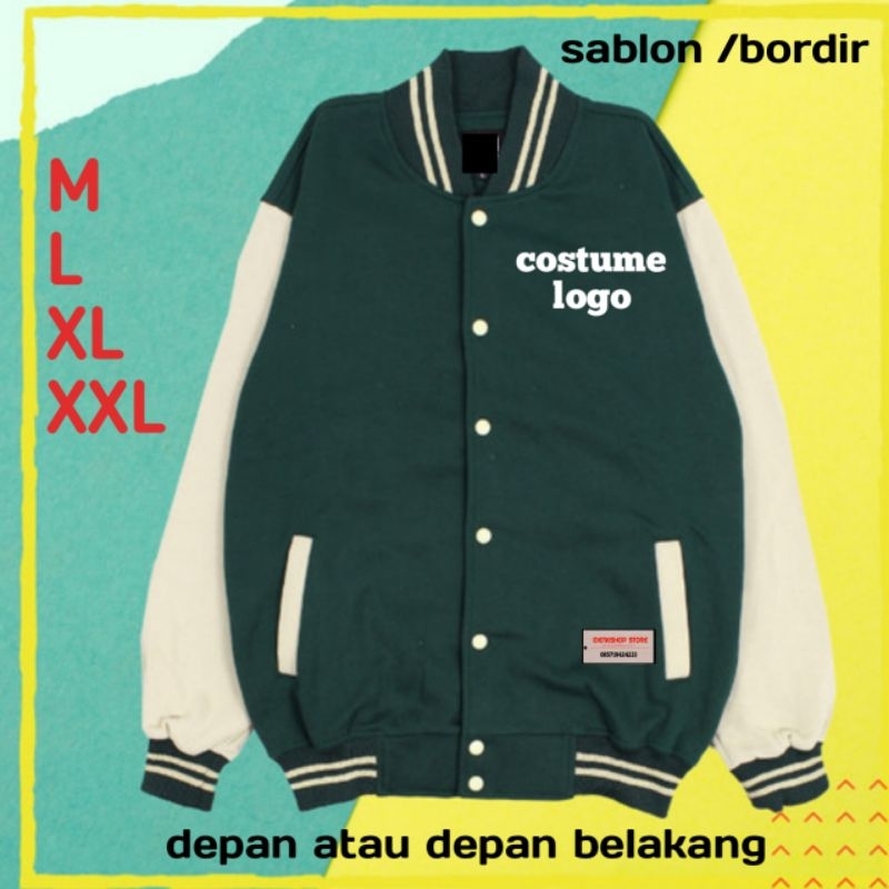 Jual jaket varsity kancing model terbaru hijau tua lengan cream bisa ...