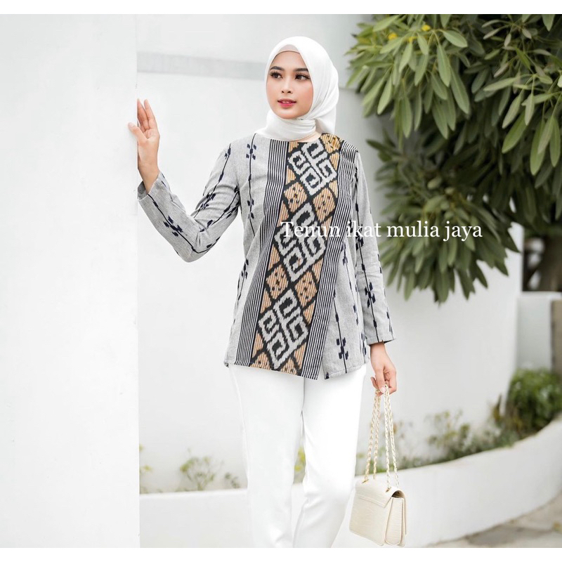 Jual blouse batik tenun modern premium atasan wanita kerja daily use model serong | Shopee Indonesia