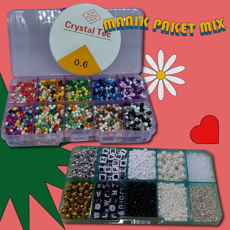 Jual DIYHERE PAKET MIX MANIK dan SENAR, paket box manik warna warni mix ...