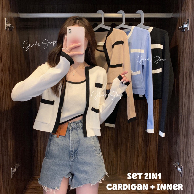 Jual Cardigan Set Tanktop Rajut Lengan Panjang Import | C386 | Outer Knit Korean Style | Shopee ...