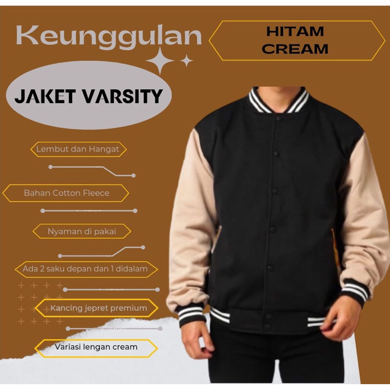 Jual Jaket Bomber Varsity Fleece Hitam Lengan Cream Premium Unisex ...
