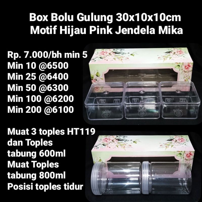 Jual Box Bolu Gulung 30x10x10cm Muat 3 Toples Tabung 600ml Motif Hijau ...
