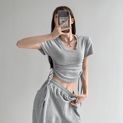 Jual 【Premium】Round Neck Short Sleeve Ruched Drawstring Crop Top 7407 ...