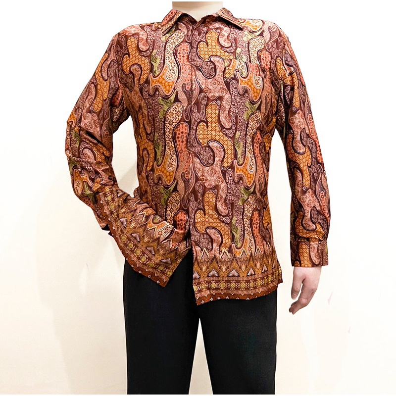 Jual Baju Batik Shirt Satin Pria ( Sage Orange Oren ) | Shopee Indonesia