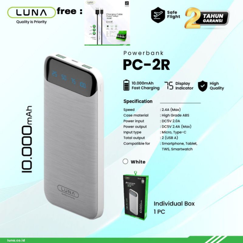 Jual POWERBANK PB LUNA TIPE PC-2R 10.000MAH FAST CHARGING IN DISPLAY INDIKATOR FREE KABEL DATA ...