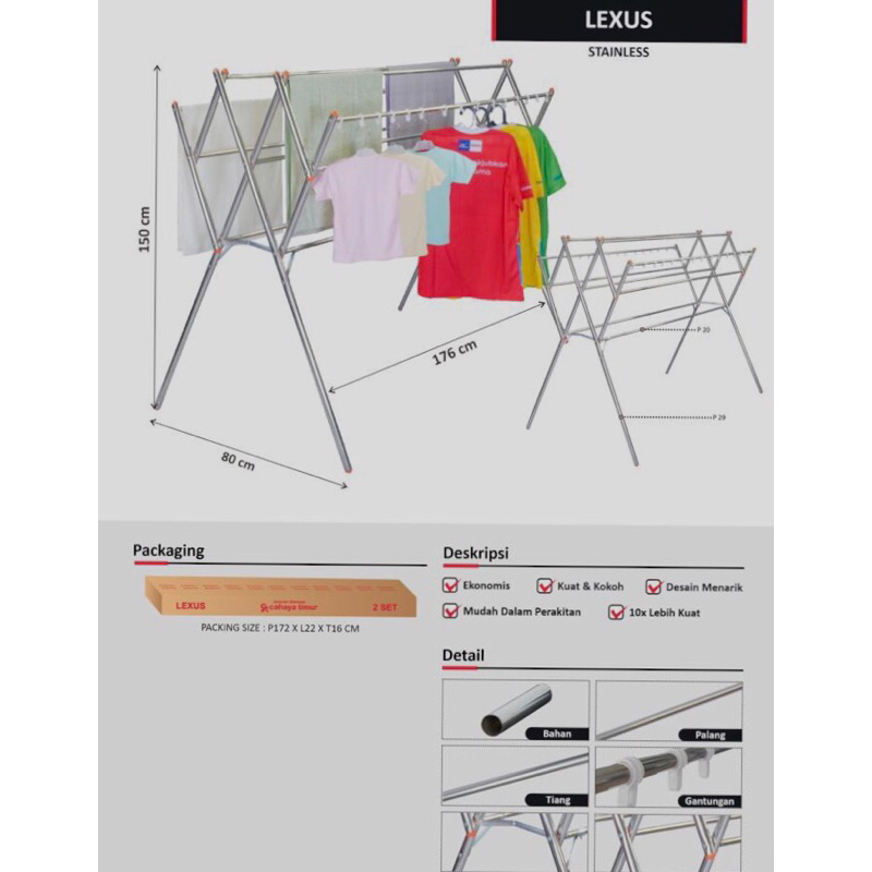 Jual JEMURAN BAJU ASLI STAINLESS STEEL LEXUS 9 PALANG HOLO BULAT P 176 ...