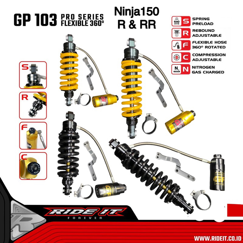 Jual Shock Ride It GP 103 Pro Series Ninja150 R 315mm Ninja150 RR Sonic 125 265mm Flexible 360 ...