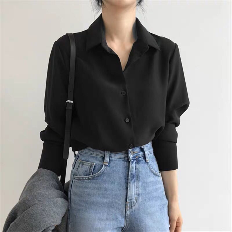 Jual Beevalue - Kemeja Wanita Lengan Panjang Full Hitam / Atasan Kemeja ...