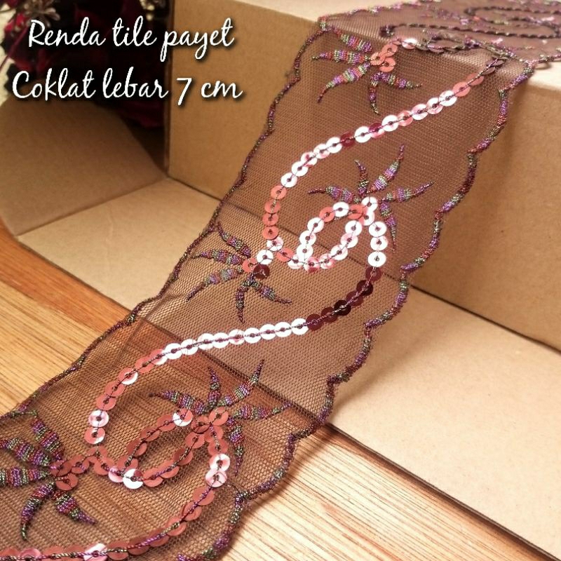 Jual per meter,renda tile payet warna coklat lebar 7 cm | Shopee Indonesia