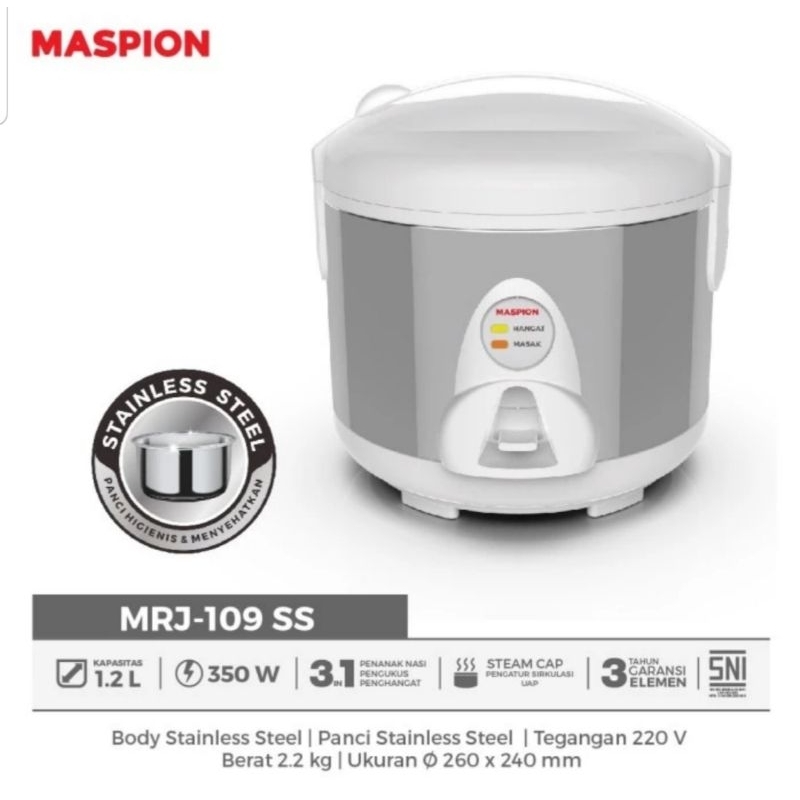 Jual MASPION : MRJ109SS RICE COOKER MAGIC COM 3 IN 1 STAINLESS 1,2 ...
