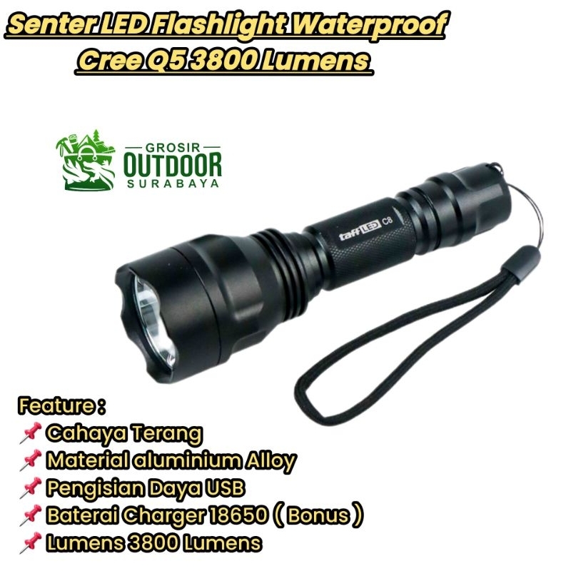 Jual Senter LED Flashlight Waterproof Cree Q5 3800 Lumens C8 Black ...