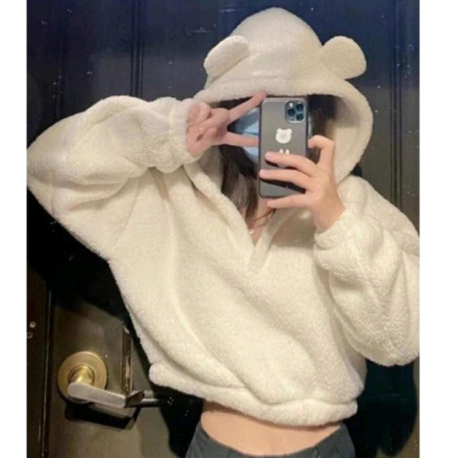 Jual Hoodie Bulu Wanita Crop Top / Sweater Bulu Angsa / Jaket Crop ...