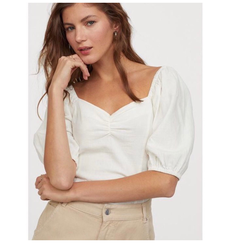 Jual H&M Linen Blend Top Puff | Shopee Indonesia