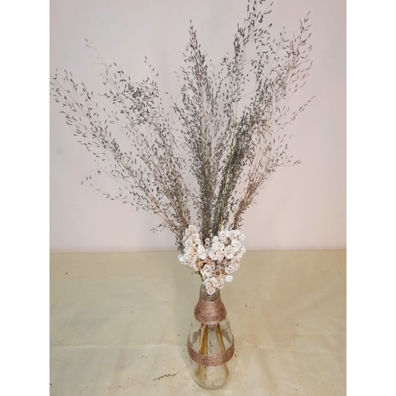 Jual 1 set vas botol kaca tali rami dan isi bunganya/bunga hiasan meja ...