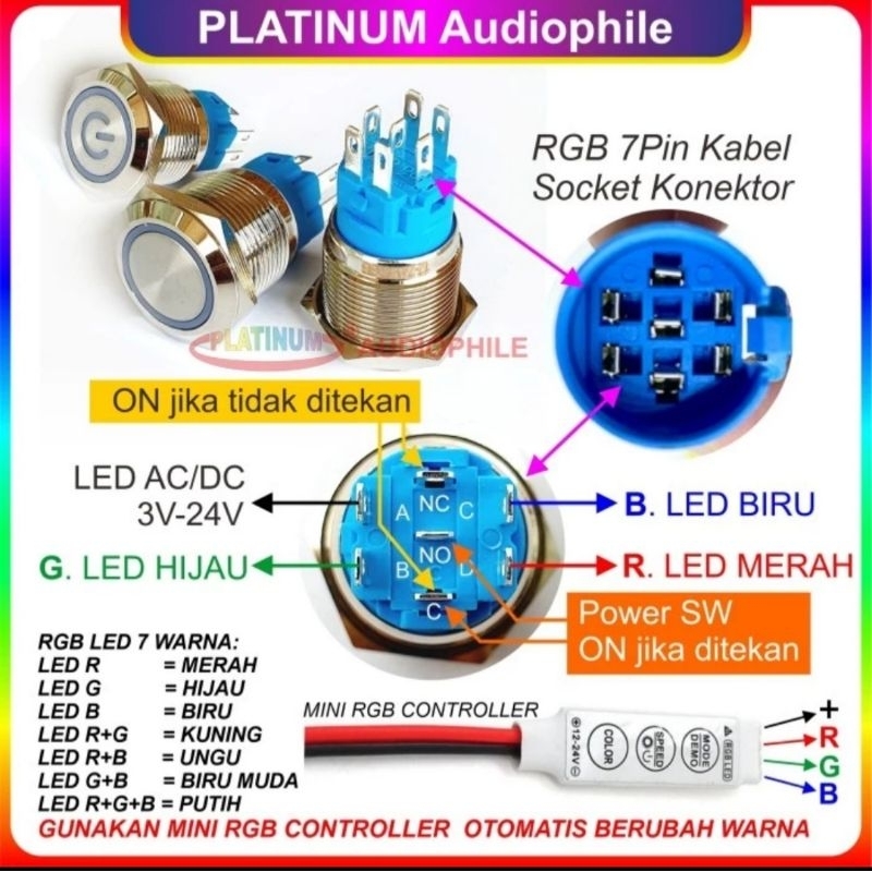 Jual Saklar On Off Stainless RGB LED Metal Push Button Switch RGB 16MM ...