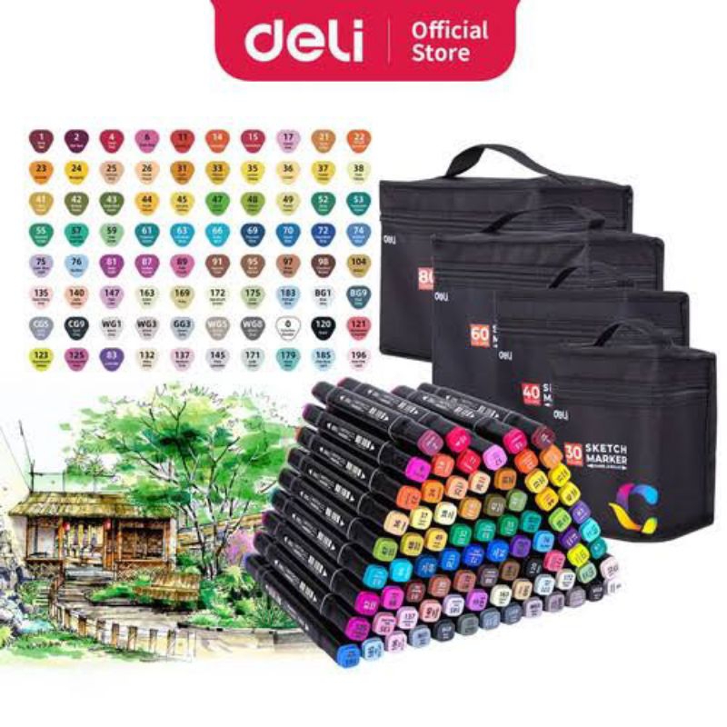 Jual DELI DUAL TIP SKETCH MARKER COLORING SET SPIDOL GAMBAR DALAM TAS ...