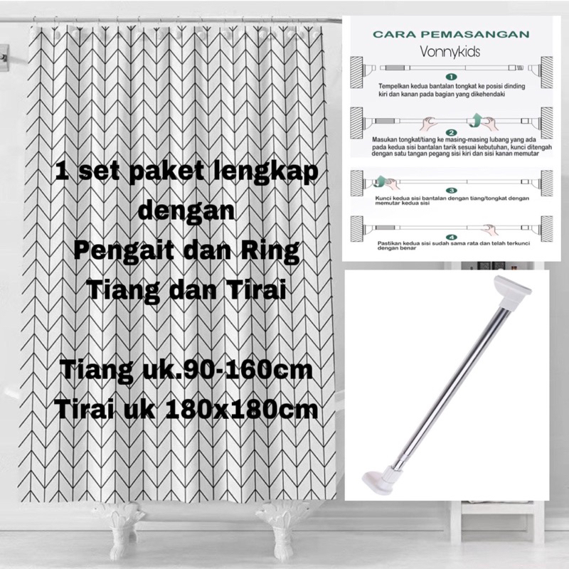 Jual (90cm) 1 set Paket lengkap Tiang dan Tirai Kamar Mandi dengan ring ...
