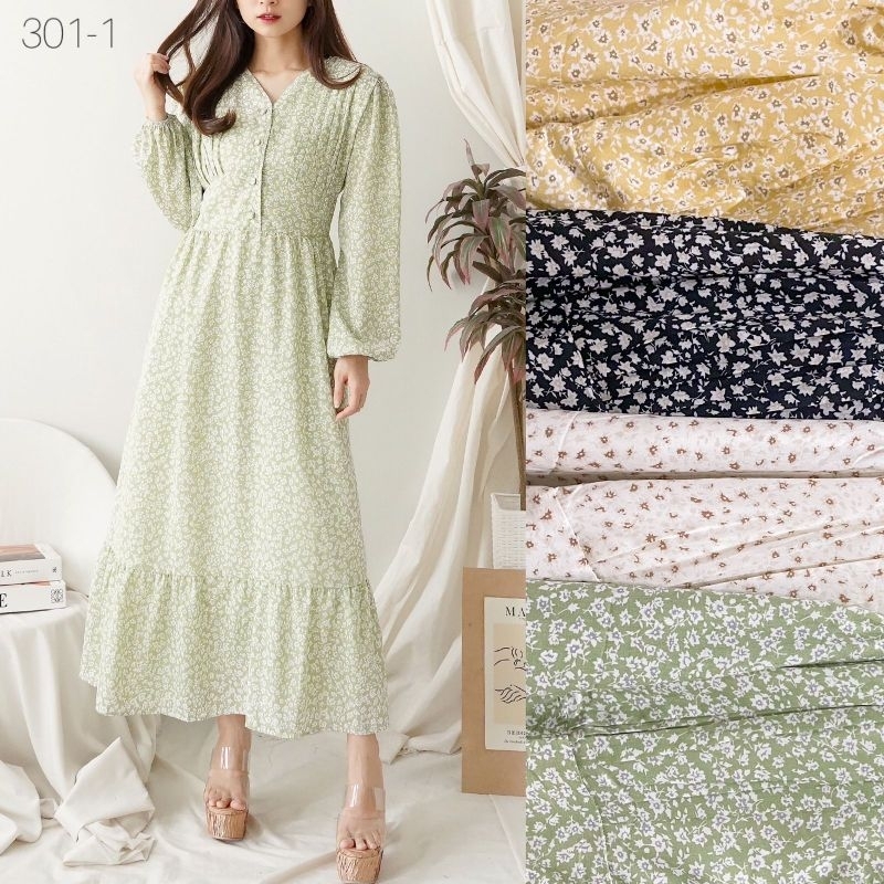 Jual MIDI DRESS KOREAN MOTIF BUNGA2 KECIL | Shopee Indonesia