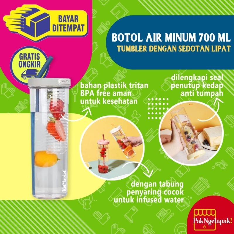 Jual WATER BOTTLE WITH STRAW - Botol Minum 700 ml Transparan Sedotan ...