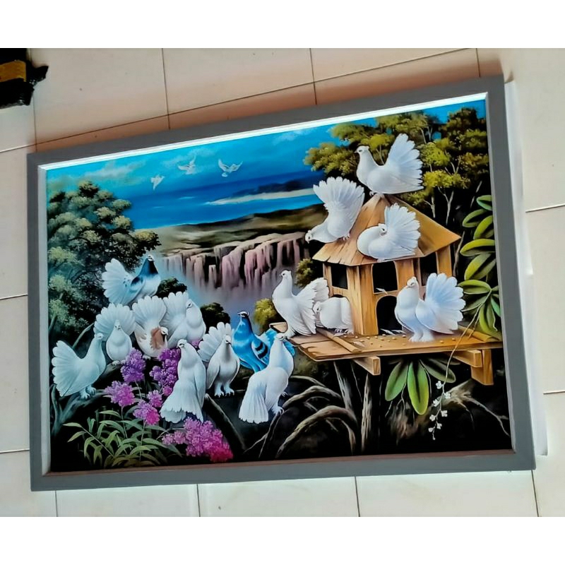 Jual hiasan dinding lukisan cetak merpati putih plus bingkai ukuran 85* ...