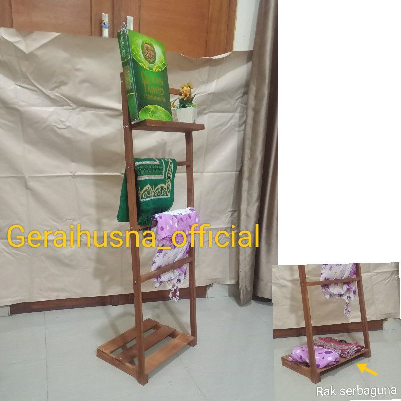 Jual rak tangga kayu jilbab hijab ladder hanger sajadah sarung al-Qur ...
