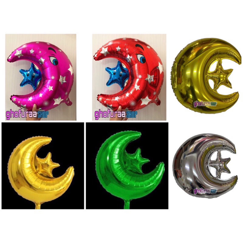 Jual Balon foil Bulan Sabit Bintang polos motif gold silver hijau merah ...