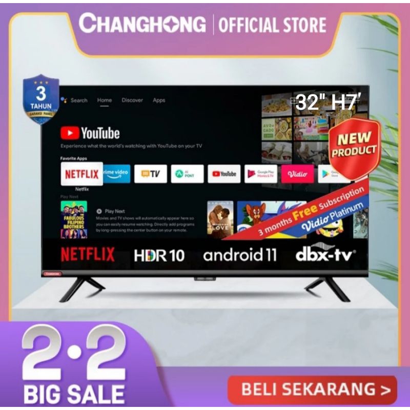 Jual TV LED Android 11 Frameless Smart TV Digital Changhong 32 Inch / Changhong L32H7N 32inch ...