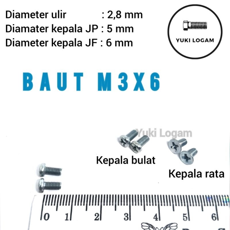 Jual 100 pcs baut M3 x 6 kepala bulat atau kepala rata baut elektronika | Shopee Indonesia