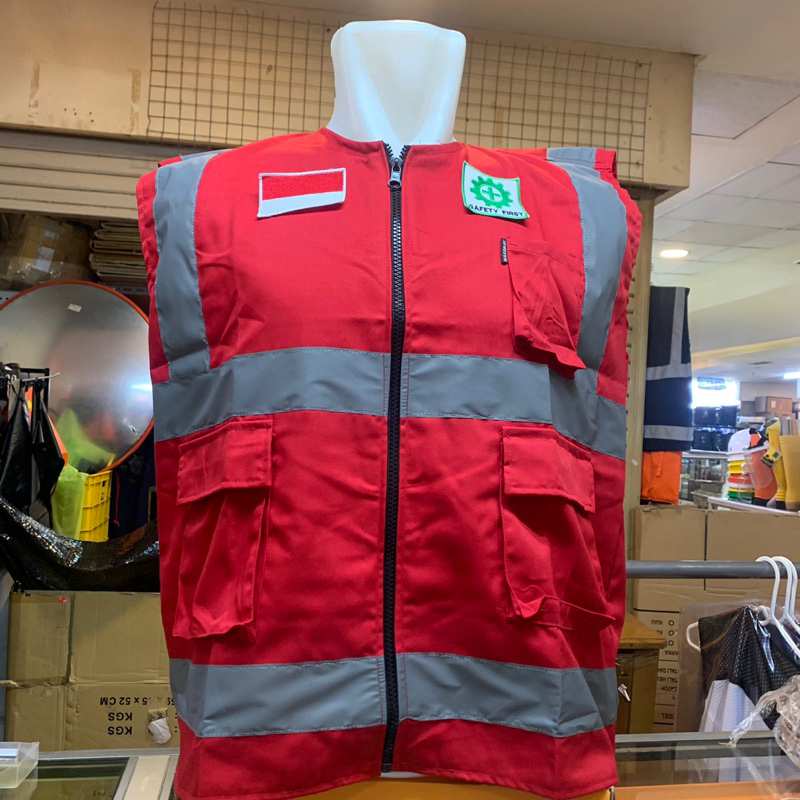 Jual Rompi Safety Proyek Bahan American Drill Merah + Logo Bendera dan ...