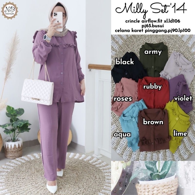 Jual ( COD) One Set Milly Crinkle Airflow Premium Lengan Panjang Baju Setelan Wanita Polos ...