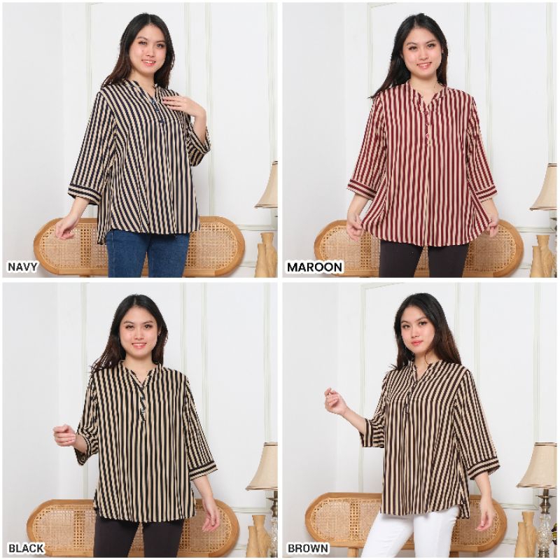 Jual Kemeja Salur Wanita // Kancing 3 // Bahan Rayon Premium // Baju ...