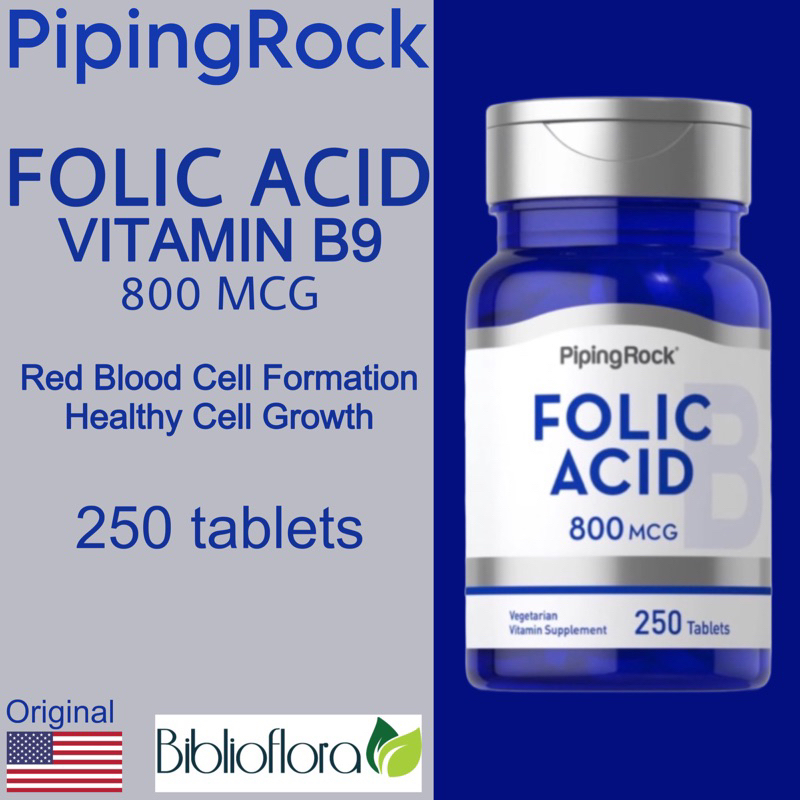 Jual Piping Rock Folic Acid 800 mcg 250 Tablets Vitamin B9 Sel Darah ...