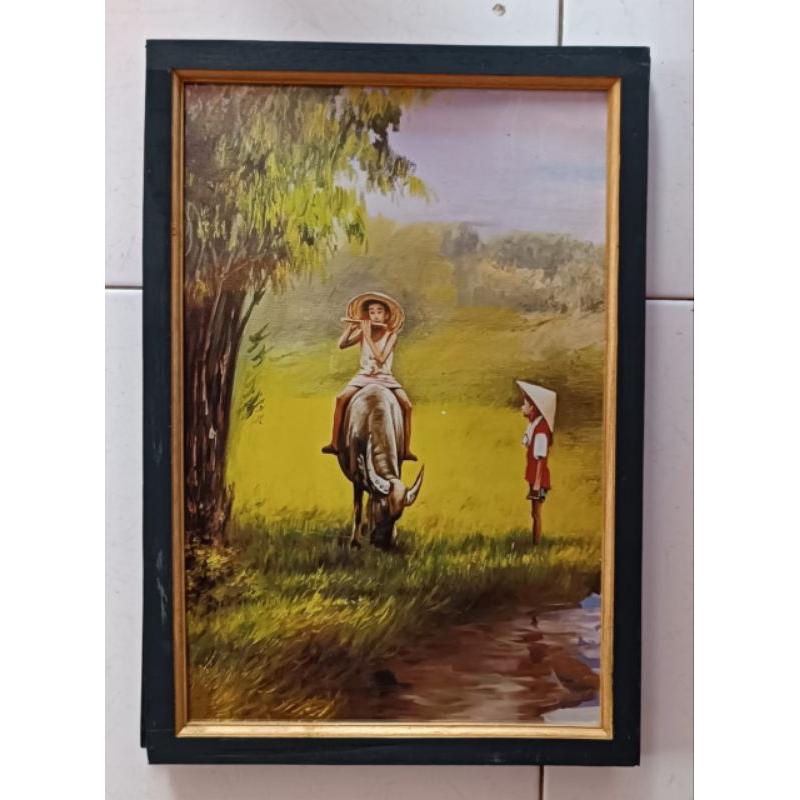 Jual hiasan dinding cetak pengembala kerbau plus bingkai real pict ...