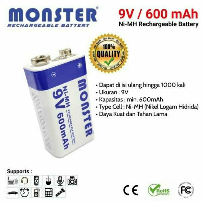 Jual BATTERY 9V MONSTER Ni-MH 600mAh | Shopee Indonesia