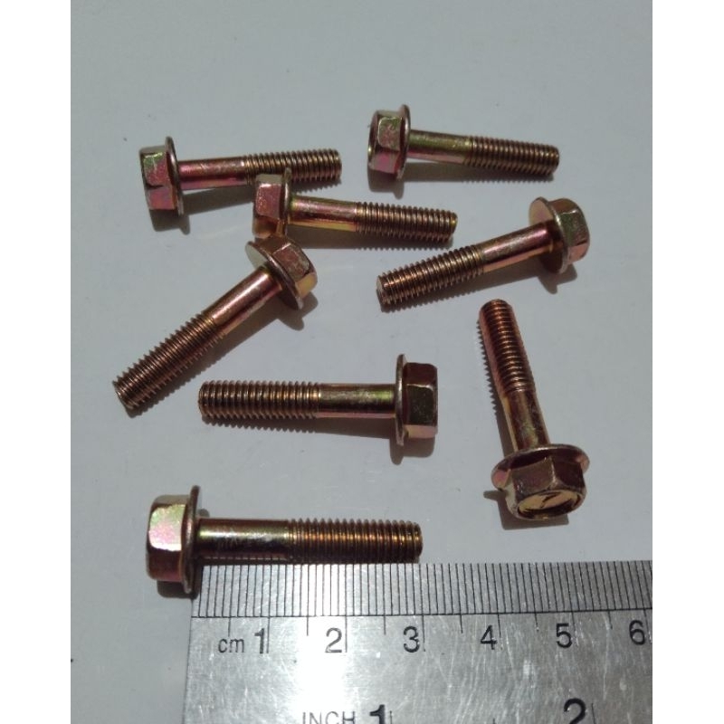 Jual Baut flange bolt m6 x 30 mm / baut topi kuning ( kunci 10 ) | Shopee Indonesia