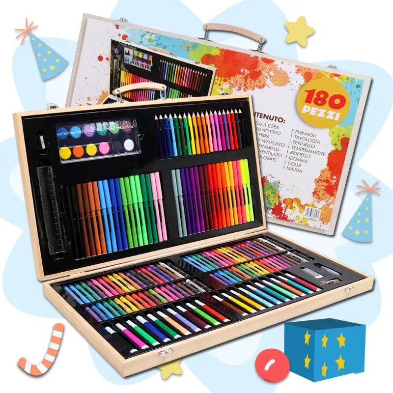 Jual [H.S] CRAYON ANAK SET KOPER 180 PCS KOTAK KAYU / ALAT MELUKIS ...
