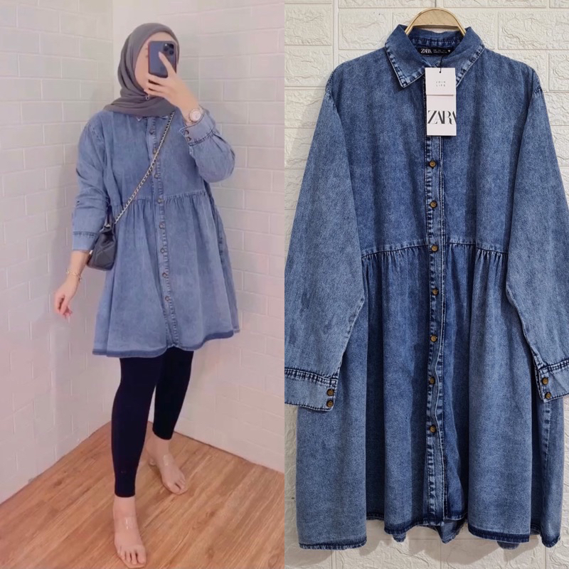 Jual Tunik Jeans Denim Oversize Full Kancing | Shopee Indonesia