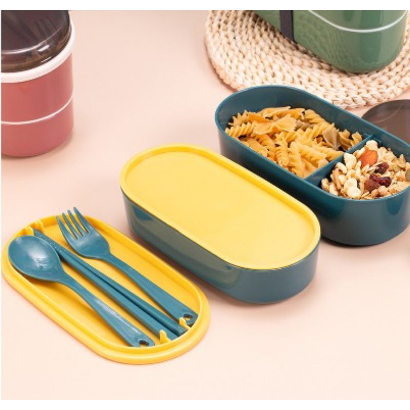 Jual Lunch Box Kotak bekal makan 2 susun karet siang Bento Set 700ml Free Sendok Tempat Makan ...