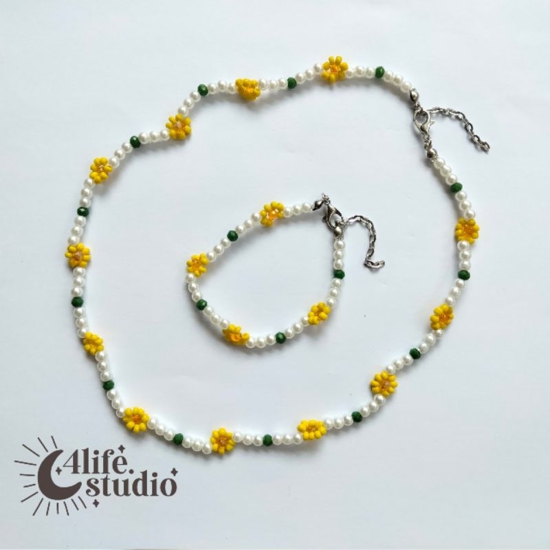 Jual [BACA DESKRIPSI] NECKLACE AND BRACELET BEADS DAISY FLOWERS WITH PEARL ¦ GELANG DAN KALUNG ...