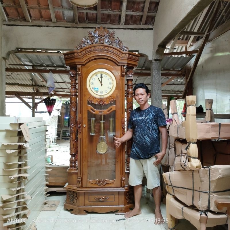 Jual lemari jam kayu jati ukiran mawar mebel Jepara | Shopee Indonesia