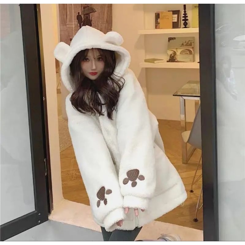 Jual ALU • JACKET BULU BORDIR BERUANG SHERPA CUTE ABU | Shopee Indonesia
