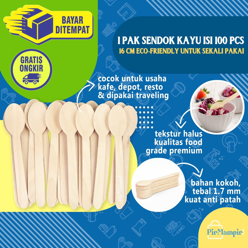 Jual ECO-FRIENDLY WOODEN SPOON - 1 pak isi 100 pcs Sendok Kayu 16 cm ...