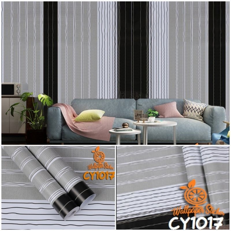 Jual [ 45 CM x -+8 METER ] WALLSTICKER DINDING / WALLPAPER MOTIF HITAM ABU PUTIH SALUR GARIS ...